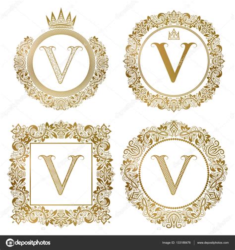 Conjunto De Monogramas Vintage De Ouro Letra V — Vetores De Stock