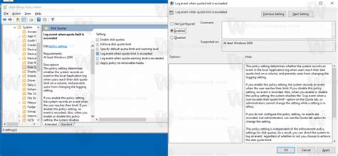 log disk quota limit and warning level exceeded events in windows 10