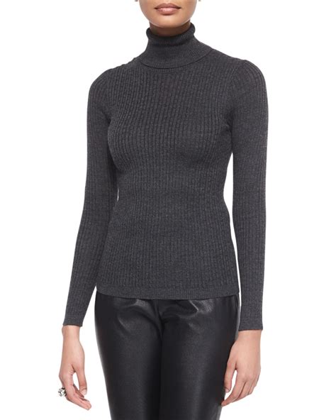 Lyst St John Ribbed Knit Turtleneck Sweater In Gray