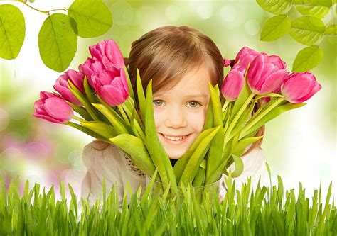 Hd Wallpaper Pink Tulip Flowers Grass Leaves Branches Smile