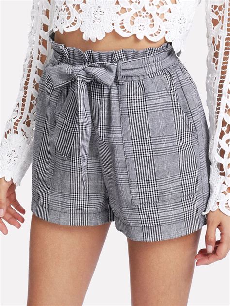 Shein Self Belted Plaid Shorts Womens Shorts Plaid Shorts Women Casual