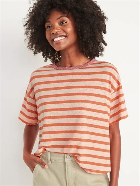 Short Sleeve Oversized Cropped Striped Linen Blend T Shirt For Women