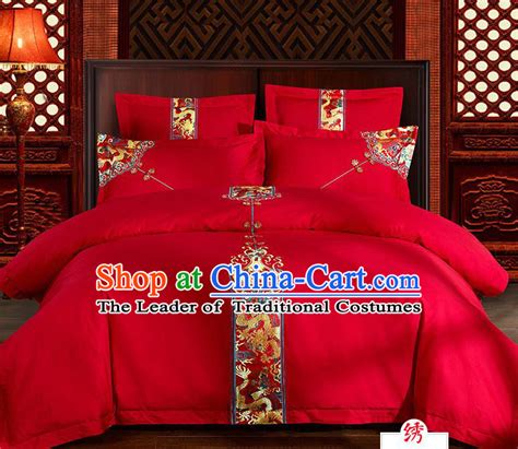Chinese Traditional Cotton Wedding Bed Sheet Set Four Pieces Dragon