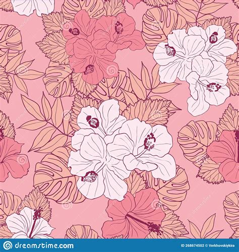 Hibiscus Flowers And Leaves Seamless Pattern Background Stock Vector