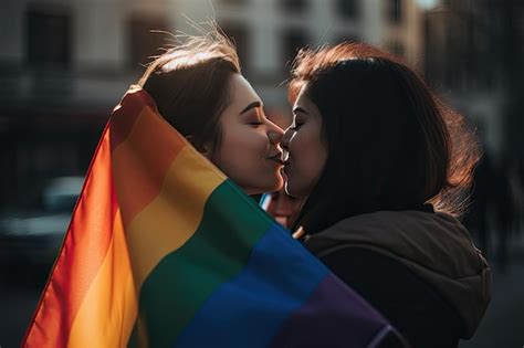 Premium Photo Lesbian Couple Kissing With Lgbtq Pride Flag On Pride Day