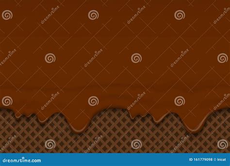 Dripping Chocolate Ice Cream Or Icing Flowing Over Brown Waffle Texture