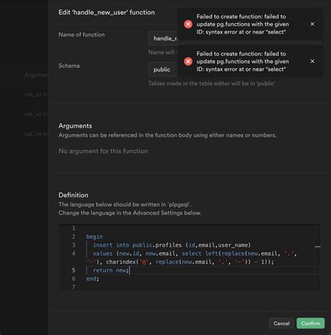 postgresql supabase triggers getting syntax error at or near