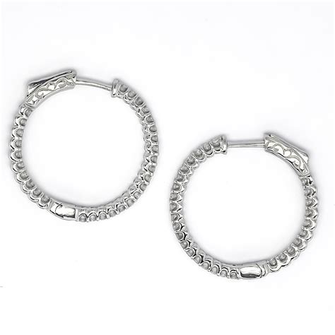 18kt White Gold Single Row Diamond In And Out Hoop Huggies Earring For