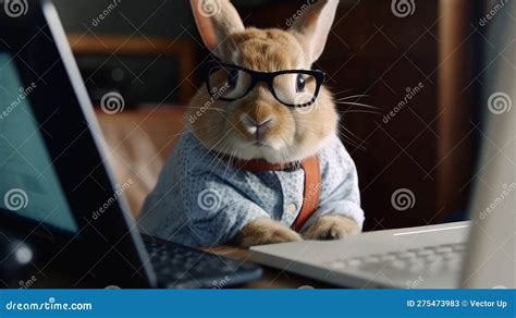 Rabbit In Glasses Office Worker At Workplace Generative Ai Stock