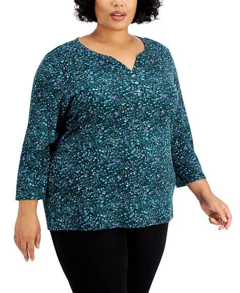 Karen Scott Plus Size Printed Split Neck 3 4 Sleeve Henley Top Created
