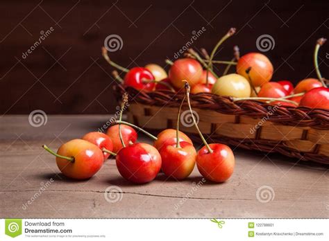 Yellow Sweet Cherry In Basket On Wooden Background Stock Image Image