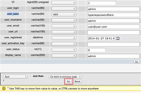 reset wordpress admin password in database via phpmyadmin