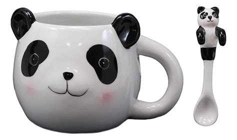 Ebros Whimsical China Giant Panda Ceramic Coffee Mug Cup With Spoon Set