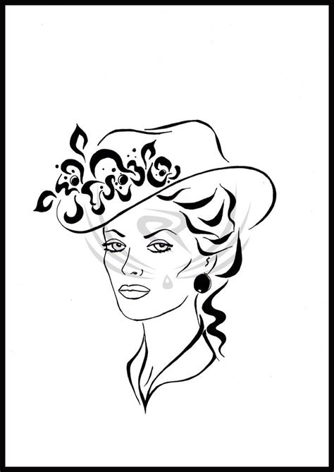 A Black And White Drawing Of A Woman Wearing A Hat