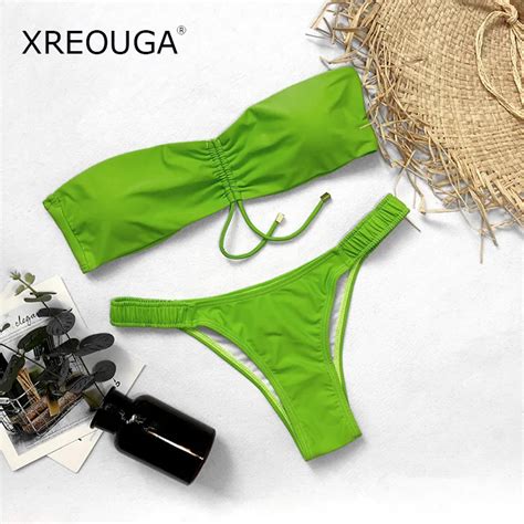 Xreouga Bandeau Bikini Set Ribbed Micro Push Up Sexy Brazilian Bikini