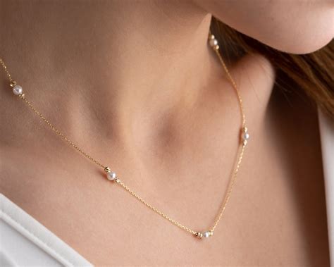 14k Solid Gold Pearl Bead Necklace 14k Real Gold Freshwater Etsy