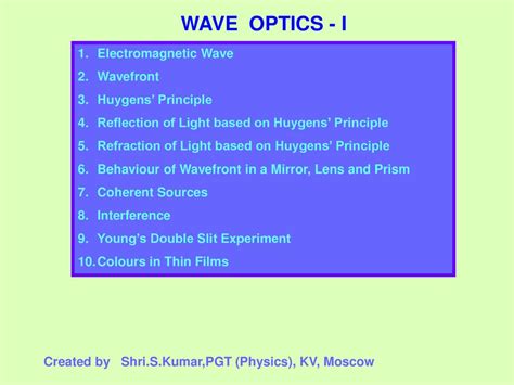Wave Optics I Electromagnetic Wave Wavefront Huygens Principle Ppt