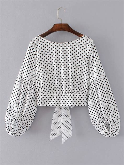 Lantern Sleeve Polka Dot Bow Tie Back Top Blusas Juveniles Moda