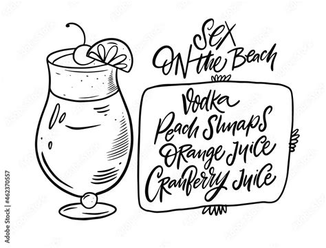 Sex On The Beach Cocktail Hand Drawn Black Color Outline Style Stock