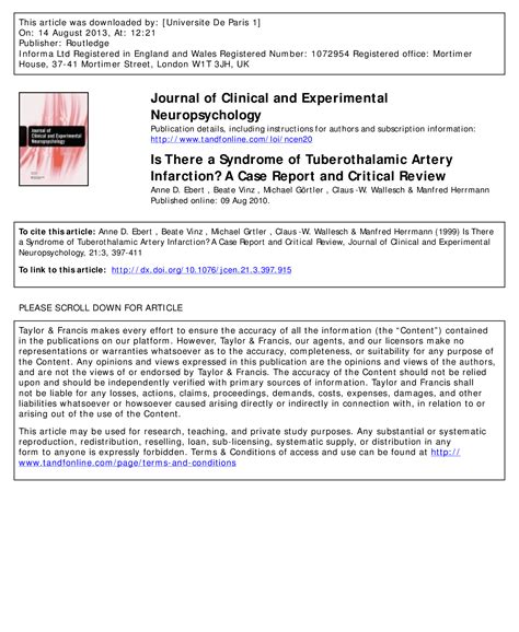 Pdf Is There A Syndrome Of Tuberothalamic Artery Infarction A Case
