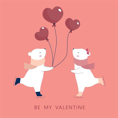 Polar Bear Couple With Heart Shape Balloon And Be My Valentine Word
