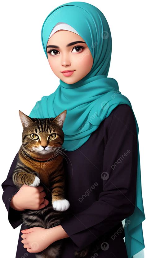 귀여운 고양이 인공 지능을 들고 Hijab 소녀 생성 여자 머리 스카프 인공 지능 생성 Png 일러스트 및 Psd 이미지