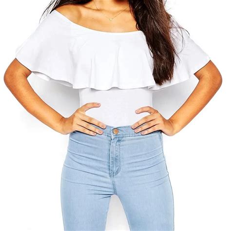 Off Shoulder Sexy Ruffle Bodysuits For Women 2018 Summer Slim Fitness