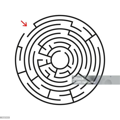 둥근 미로 입구와 출구 어린이와 성인을위한 재미있는 게임 흰색 배경에 격리 된 간단한 평면 벡터 그림입니다 개념에 대한 스톡