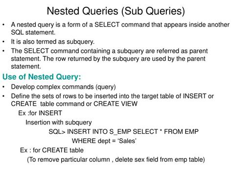 ppt nested queries sub queries powerpoint presentation free