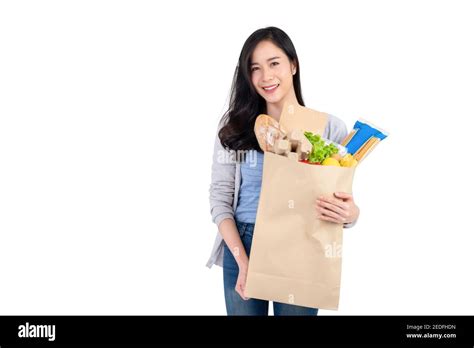 Beautiful Smiling Asian Woman Holding Paper Shopping Bag Full Of