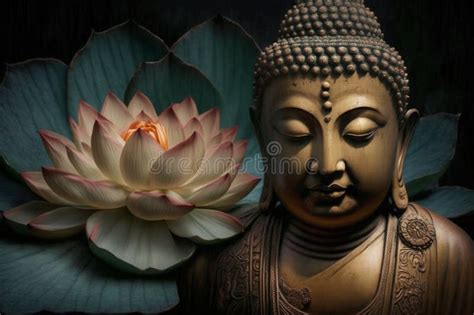 Spiritual Buddha Statue Meditating With Lotus Flower Buddhist Religion