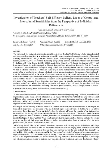 Pdf Investigation Of Teachers Self Efficacy Beliefs Locus Of