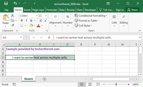 ms excel 2016 center text across multiple cells