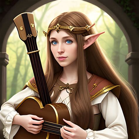 Female Half Elf Bard Long Light Brown Hair Playing Lute Arthub Ai