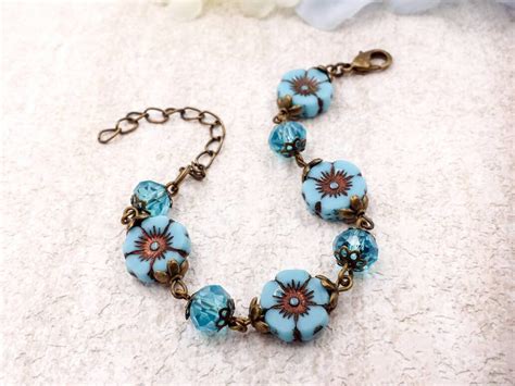 Blue Flower Bracelet Artisan Czech Flower Blue And Bronze Etsy