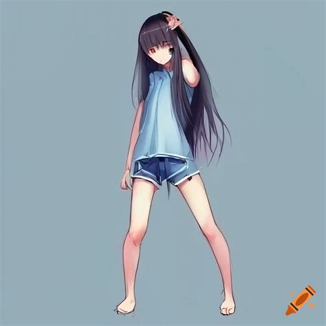 Anime Girl Gentle Eyes Hair Blue T Shirt Shorts Jeans Full Body