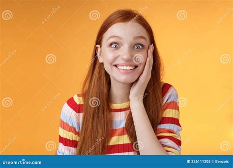 Cheerful Glad Excited Attractive Redhead Girl Blushing Surprised