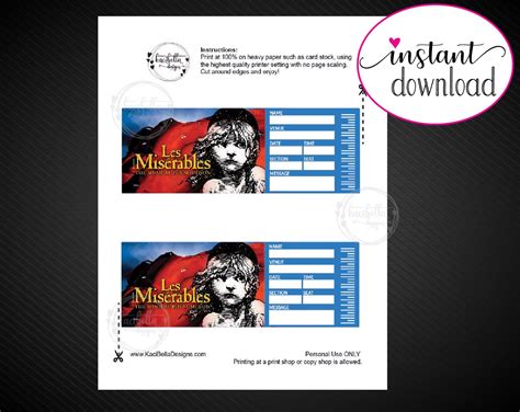 Printable Les Miserables Broadway Surprise Ticket Editable Etsy España