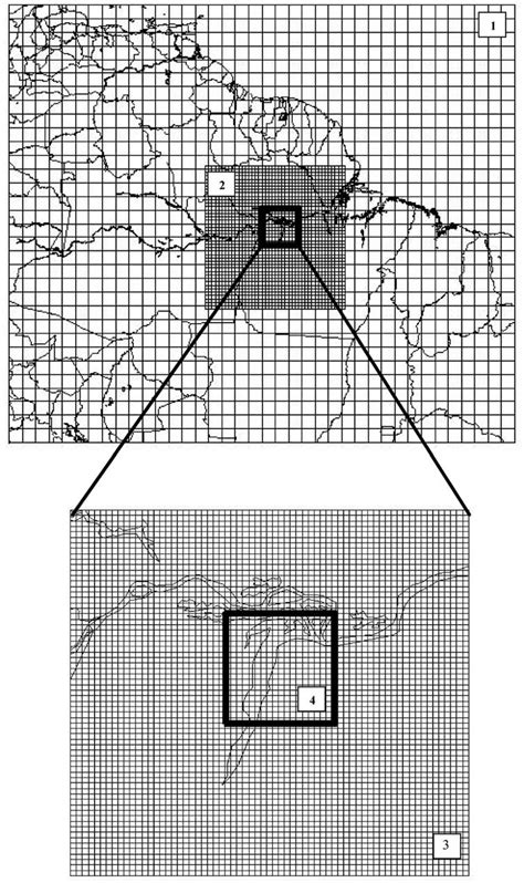model simulation domain and grid configuration of four nested grids