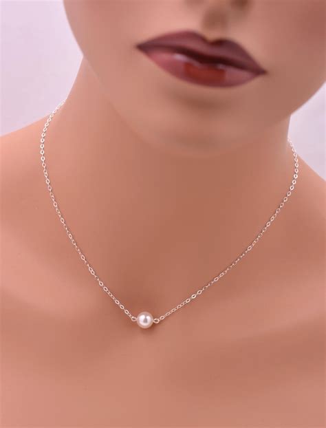 Floating Pearl Necklace Sterling Silver Minimalist Bridal Wedding