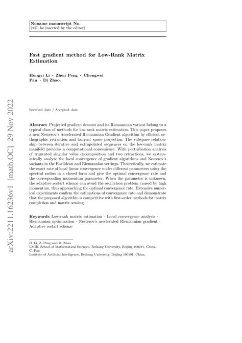 Pdf Fast Gradient Method For Low Rank Matrix Estimation