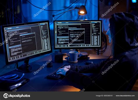 Cybercrime Hacking Technology Concept Female Hacker Dark Room Writing