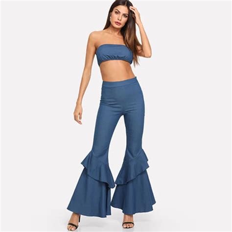 Fashion Denim Two Piece Set Summer Strapless Top And Bell Bottom Jeans