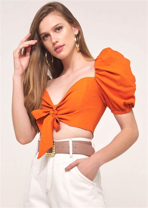 Blusa Linho Misto Manga Puff E LaÇo Ideias Fashion Tops Curtos