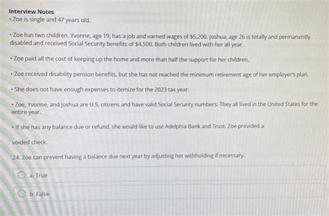 Solved Interview Notes Zoe Is Single And 47 Years Old
