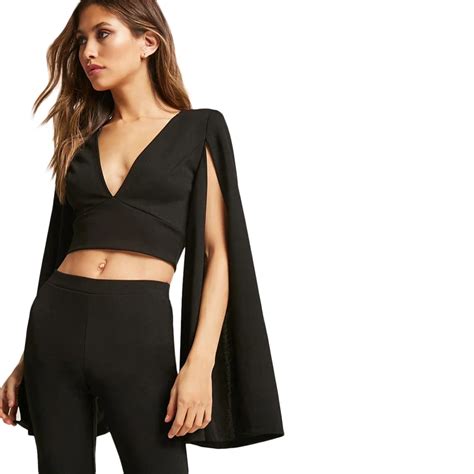 Black Slit Cape Sleeve Cropped Blouses For Women Ladies Stylish Ol Sexy