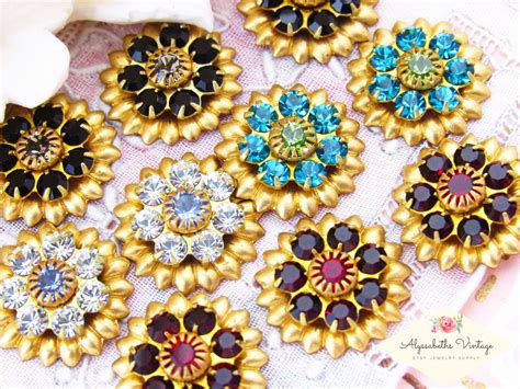 Vintage Brass And Swarovski Crystal Flower Findings 15mm Triple Etsy In