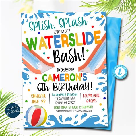 Water Slide Birthday Invitation Backyard Waterslide Splash Digital