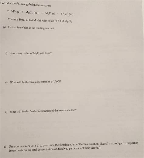 Solved Consider The Following Balanced Reaction