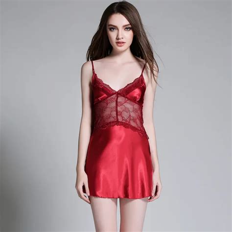 Ladies Sexy Satin Night Dress Lace Women Sleepwear Sleeveless Nighties